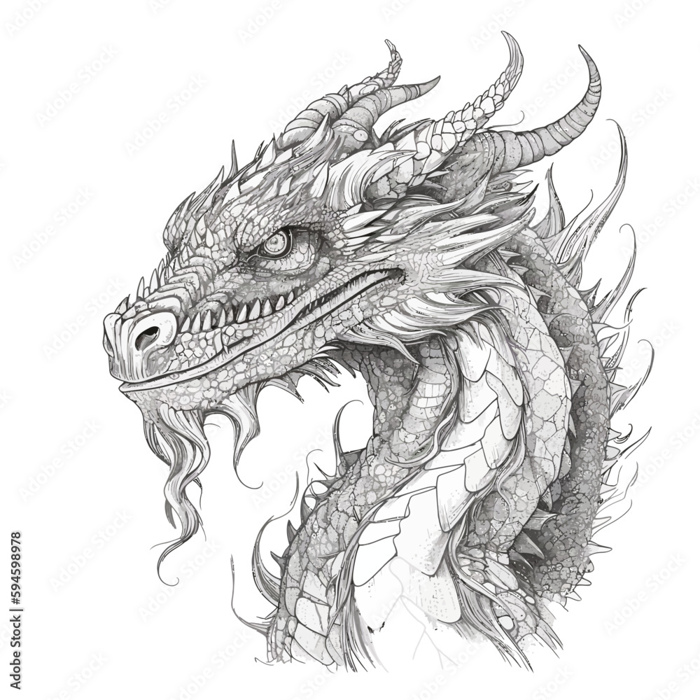 Chinese Dragon black and white drawing design 2d illustration ...