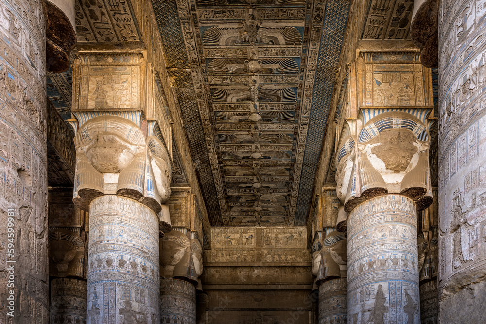 Columns in the Dendera Temple to Hathor in Qena, Egypt Stock Photo ...