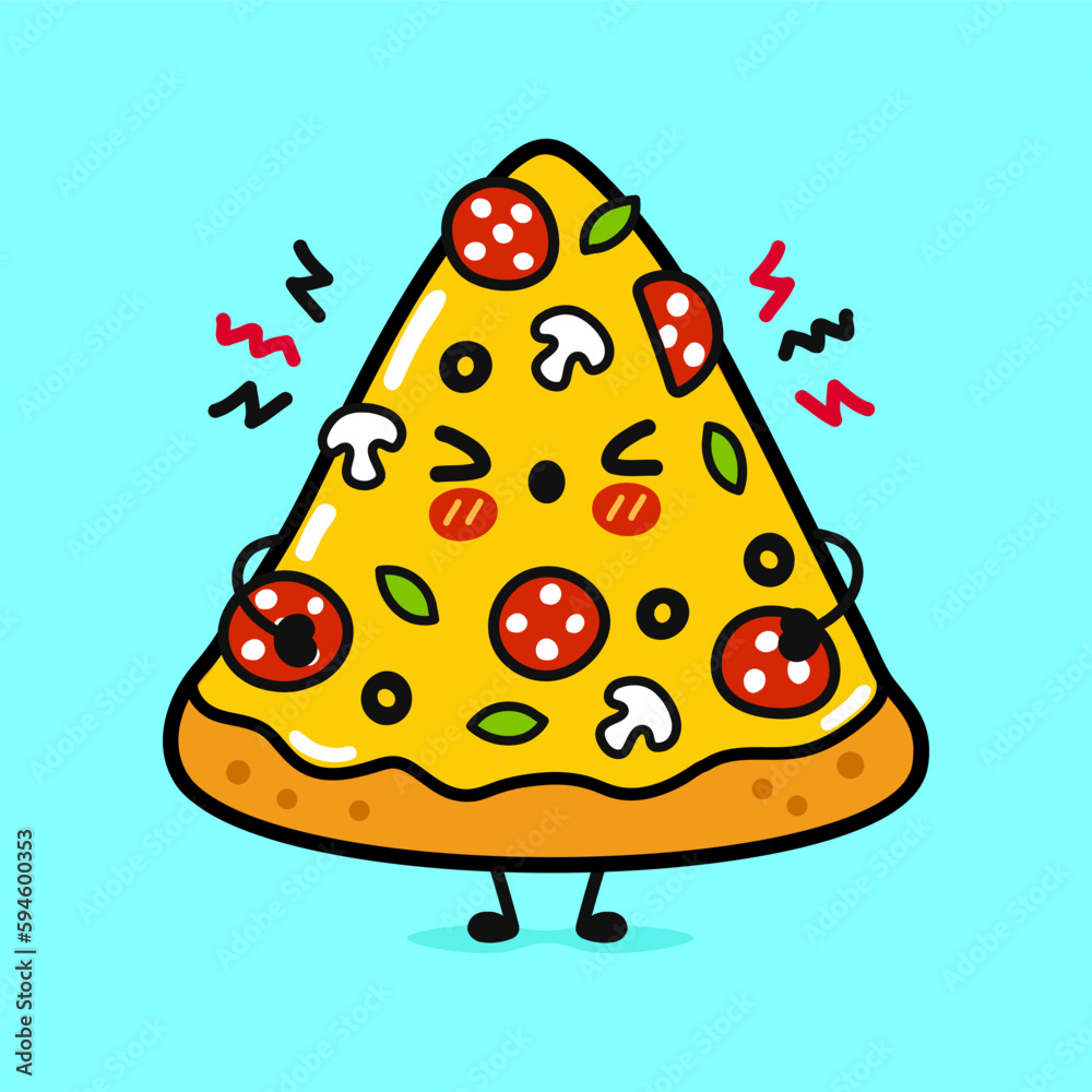 Cute angry piece of pizza character. Vector hand drawn cartoon kawaii ...