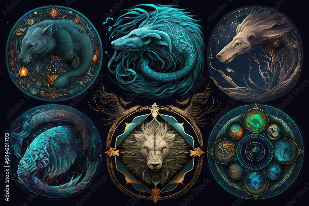 An enchanting and mysterious image showcasing the twelve zodiac symbols ...