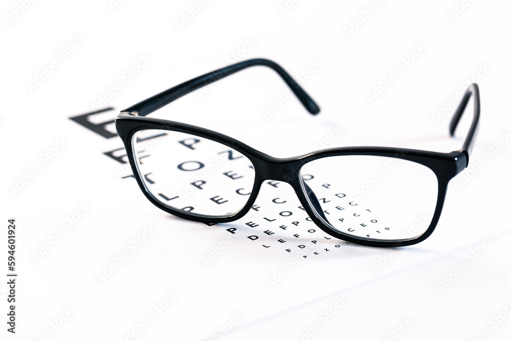 Eyeglasses with eye test table on white, optometrist concept and eye ...