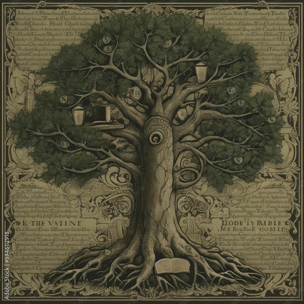 Historical drawing of an ancient tree.. Created with generative AI ...