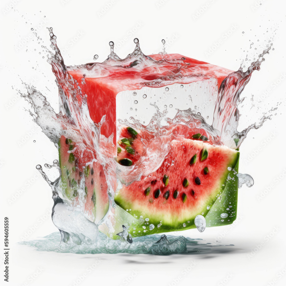 Watermelon cube splash under ice cube a striking and refreshing image capturing the moment when ...