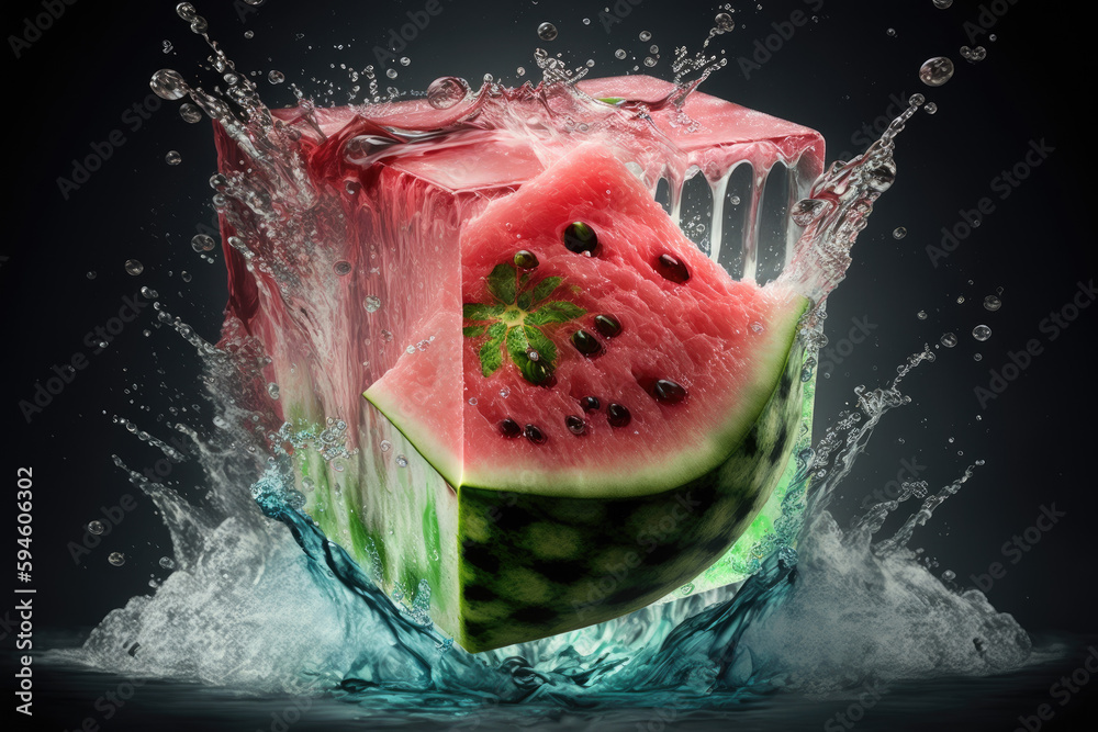 Watermelon cube splash under ice cube a striking and refreshing image capturing the moment when ...