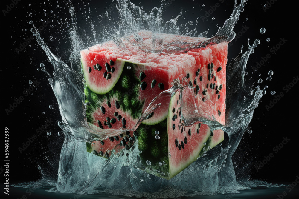 Watermelon cube splash under ice cube a striking and refreshing image capturing the moment when ...
