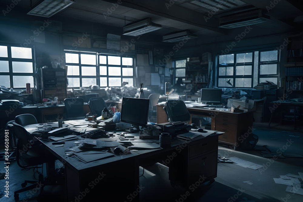 Messy abandoned office after company shut down: the desk is cluttered ...