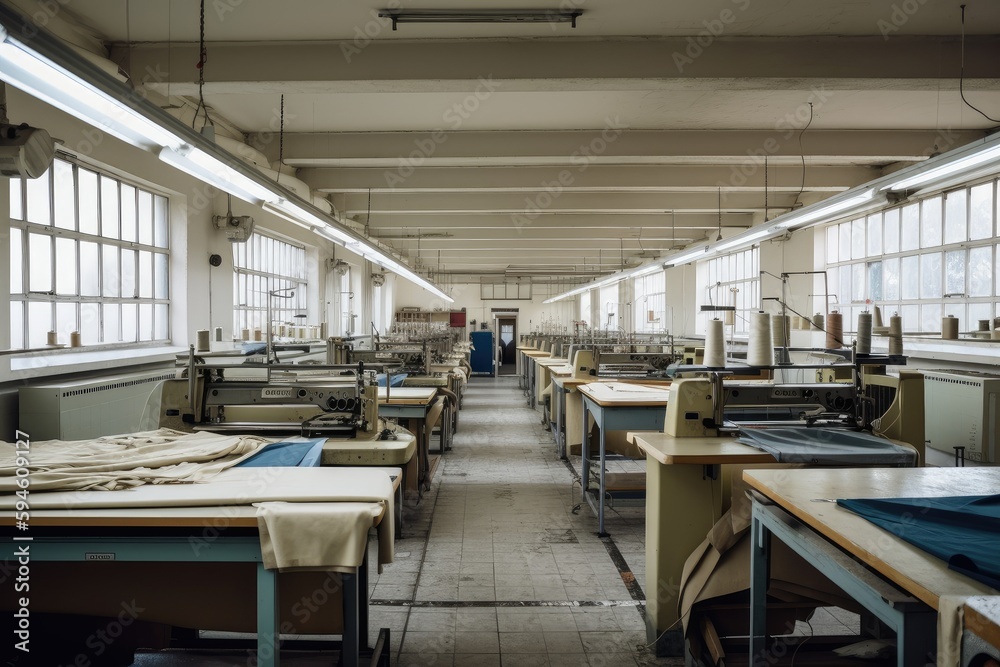 textile factory, with machines producing fabric and garments in the ...