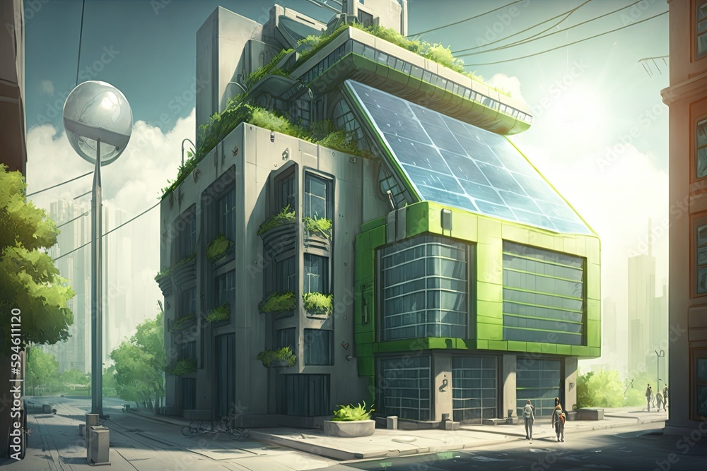 green building, with solar panels and rainwater harvesting systems, in ...