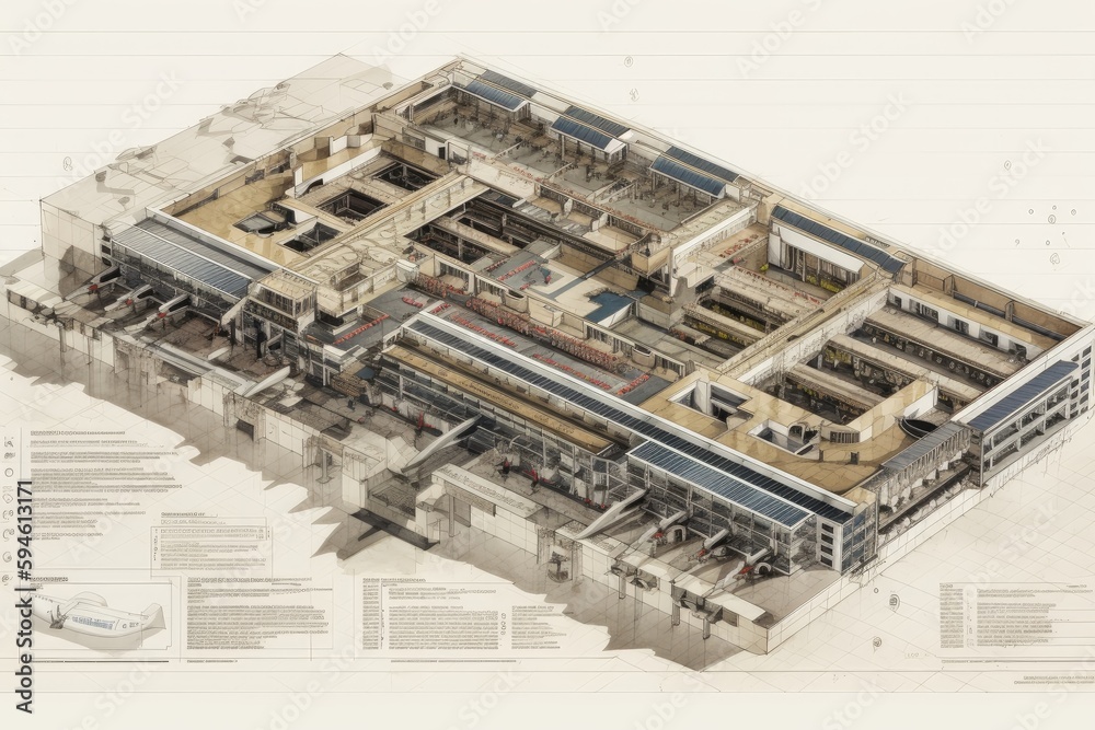 architectural drawing of an airport terminal, with detailed plans for ...