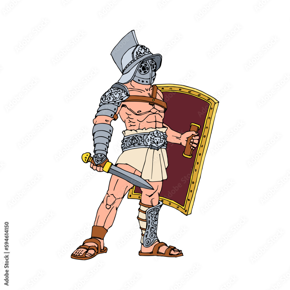 An ancient Roman gladiator with a gladius and a heavy shield. Color ...