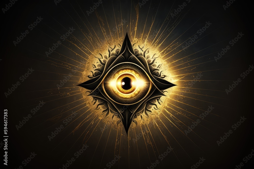 all-seeing eye on a black background, with yellow rays of light shining ...