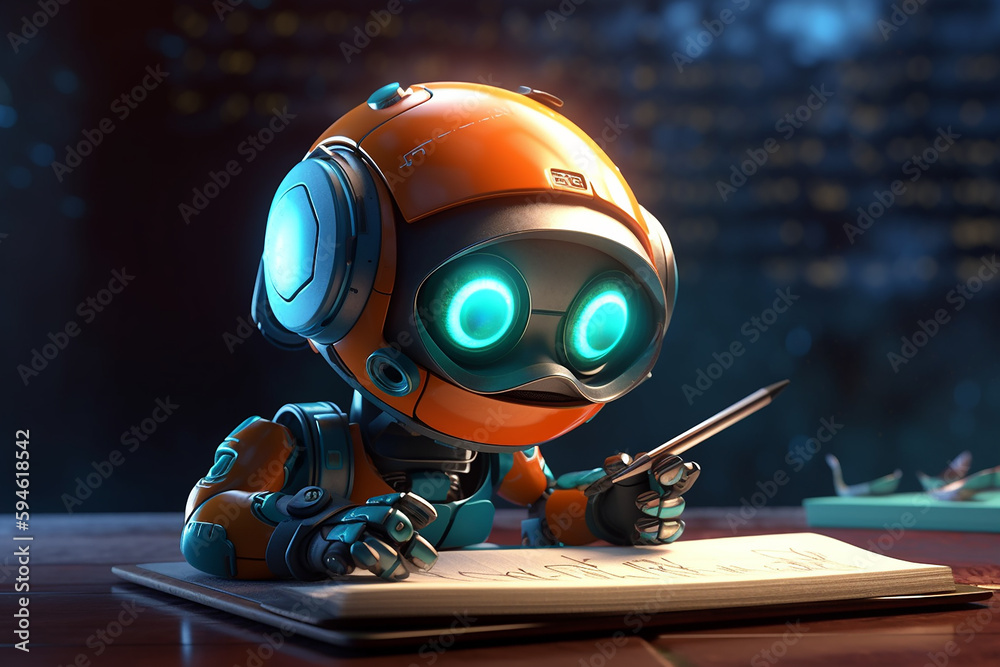Cute little robot writes chatGPT bot answers. cartoon character design ...