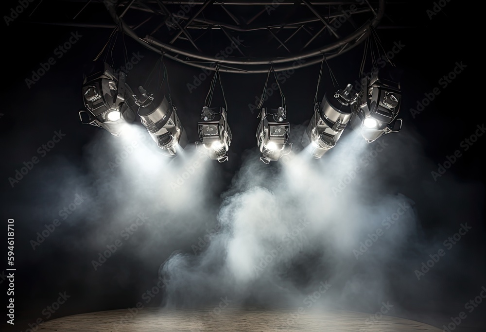 Stage with set of yellow spotlights, grey stage lights - generative ai ...