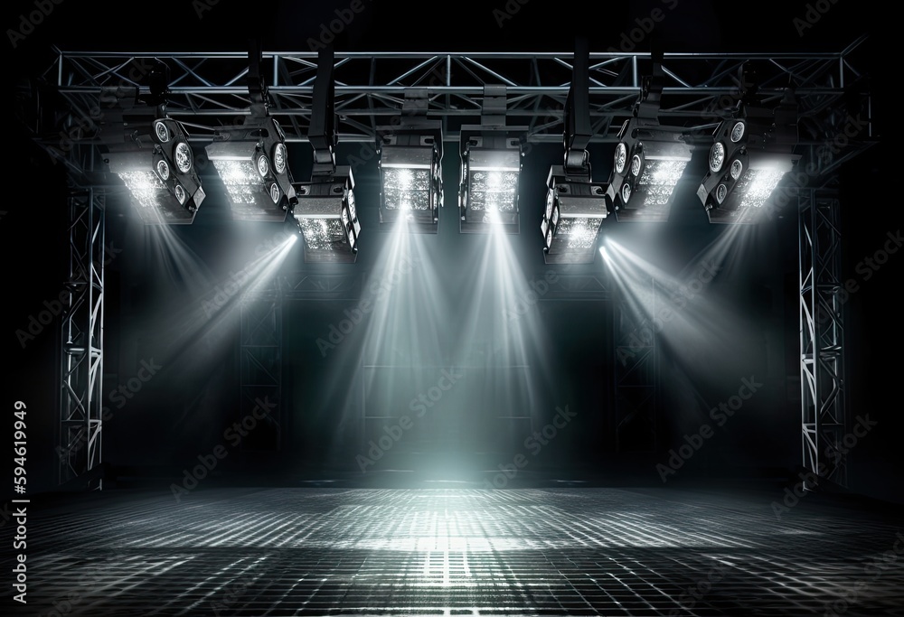 Stage with set of yellow spotlights, grey stage lights - generative ai ...