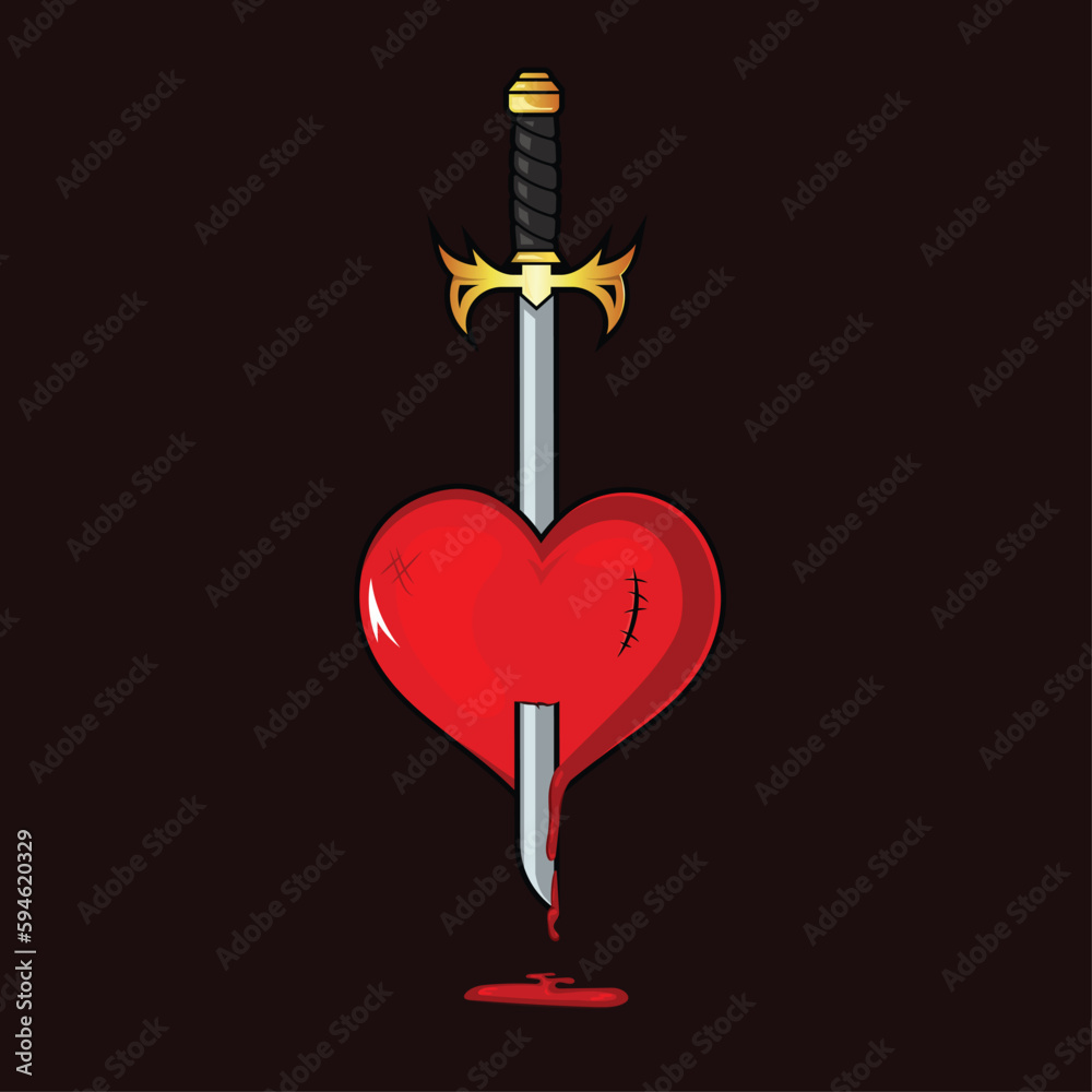 Broken heart with a sword going though and blood on the ground. It ...