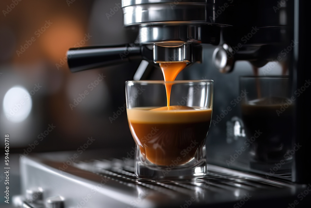 Proffessional brewing coffee, bar details. Hot espresso coffee pouring ...