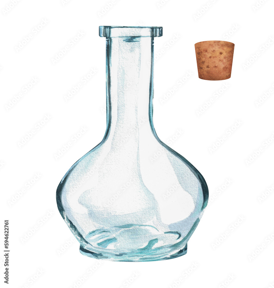 Hand drawn watercolor illustration of crystall clear glass bottle with ...