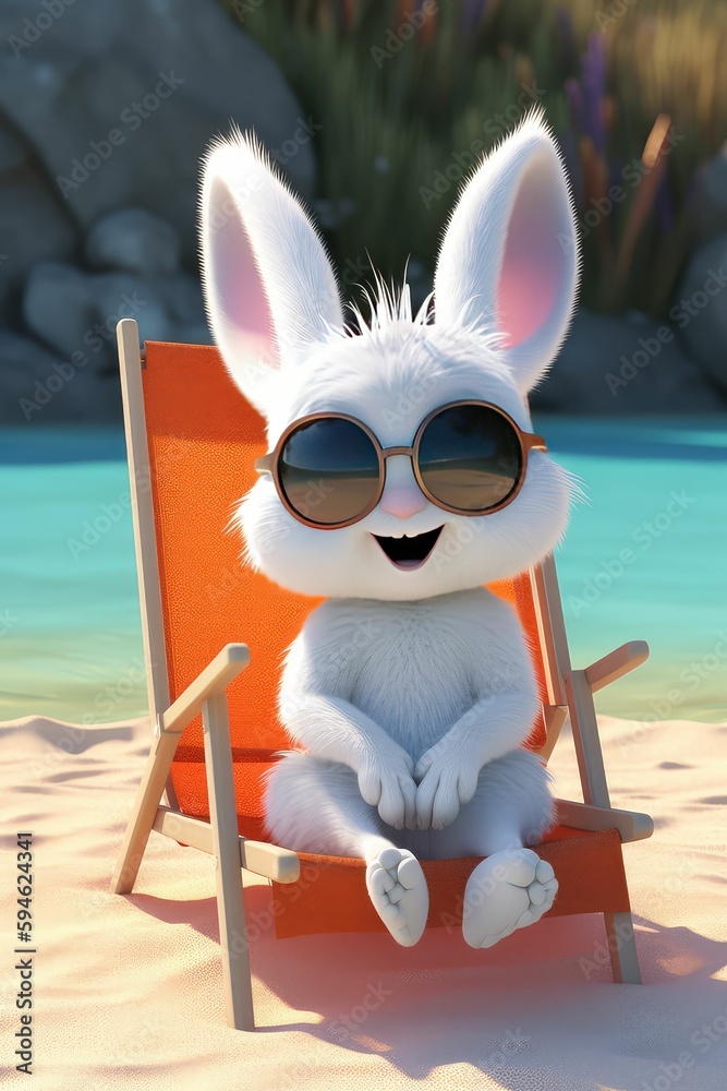 White rabbit sunbathing on the beach in black glasses.. Created with ...