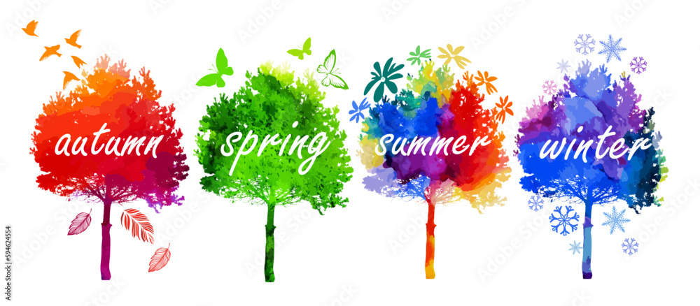 Season icons. A set of trees colored by the seasons of the year. Each ...
