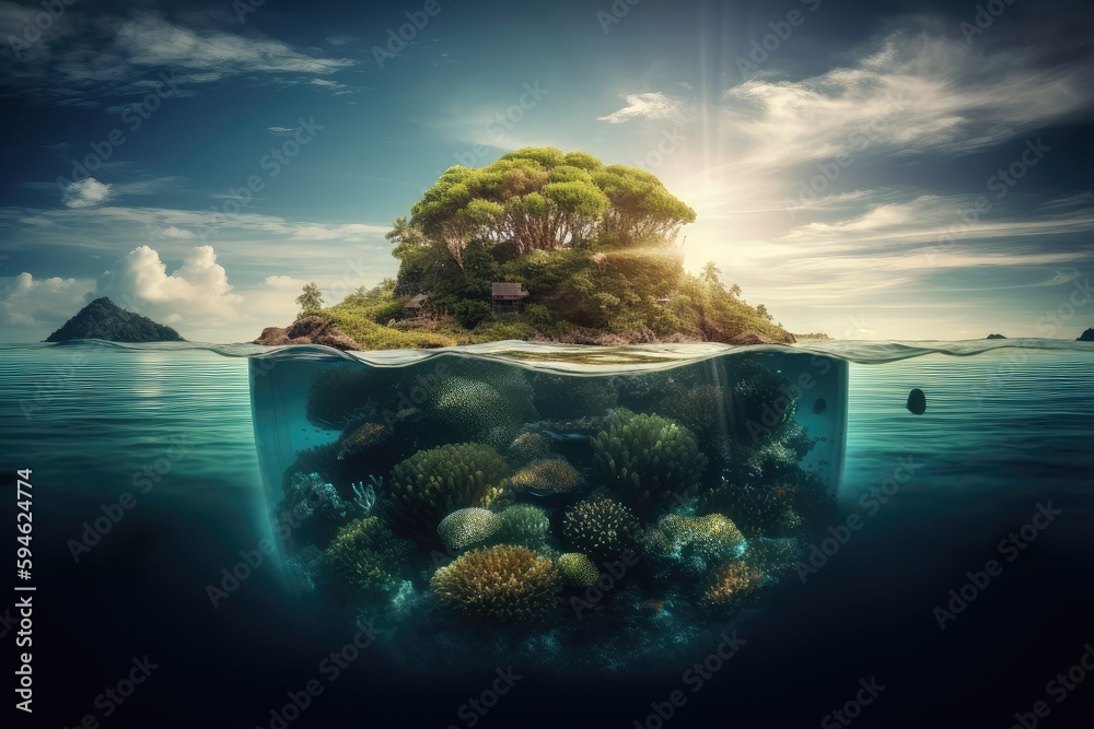 surreal float island surrounded by beautiful and serene underwater ...