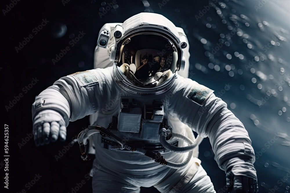 astronaut, floating in the zero-gravity environment of space, with view ...
