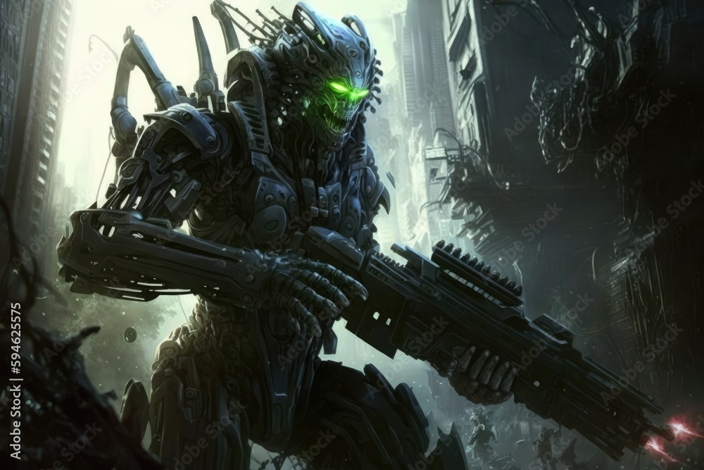 alien, with blaster in hand, defending a city from invading force ...