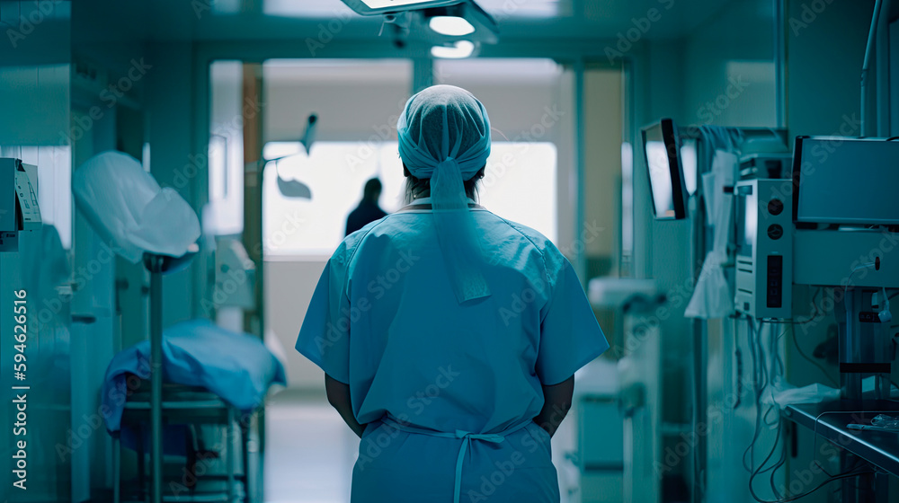 Back view of surgeon woman in a hospital intensive care unit ...