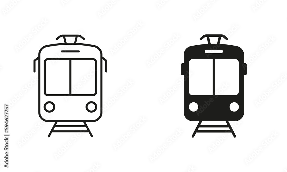 Tram Line and Silhouette Black Icon Set. Streetcar, Tramway Pictogram ...