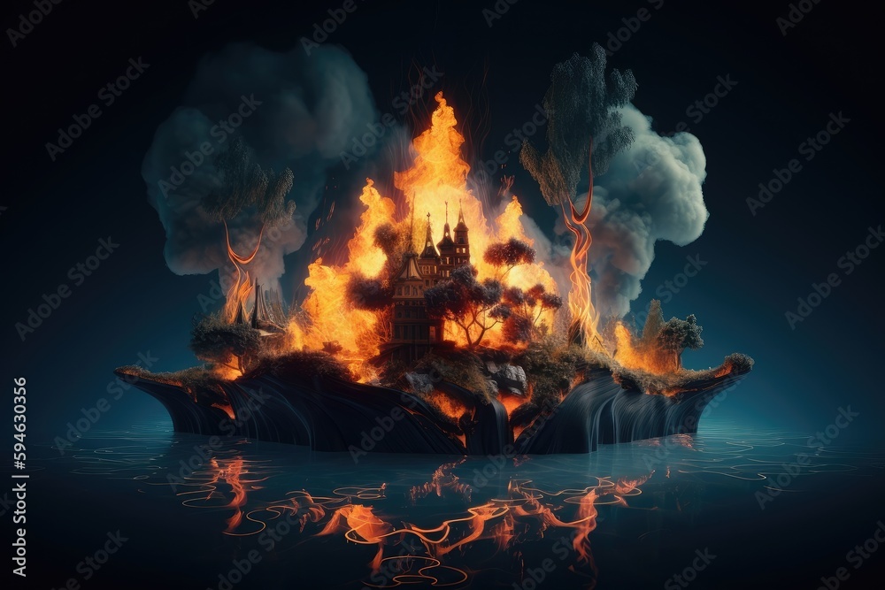 surreal float island with blazing fire and smoke, surrounded by dark ...