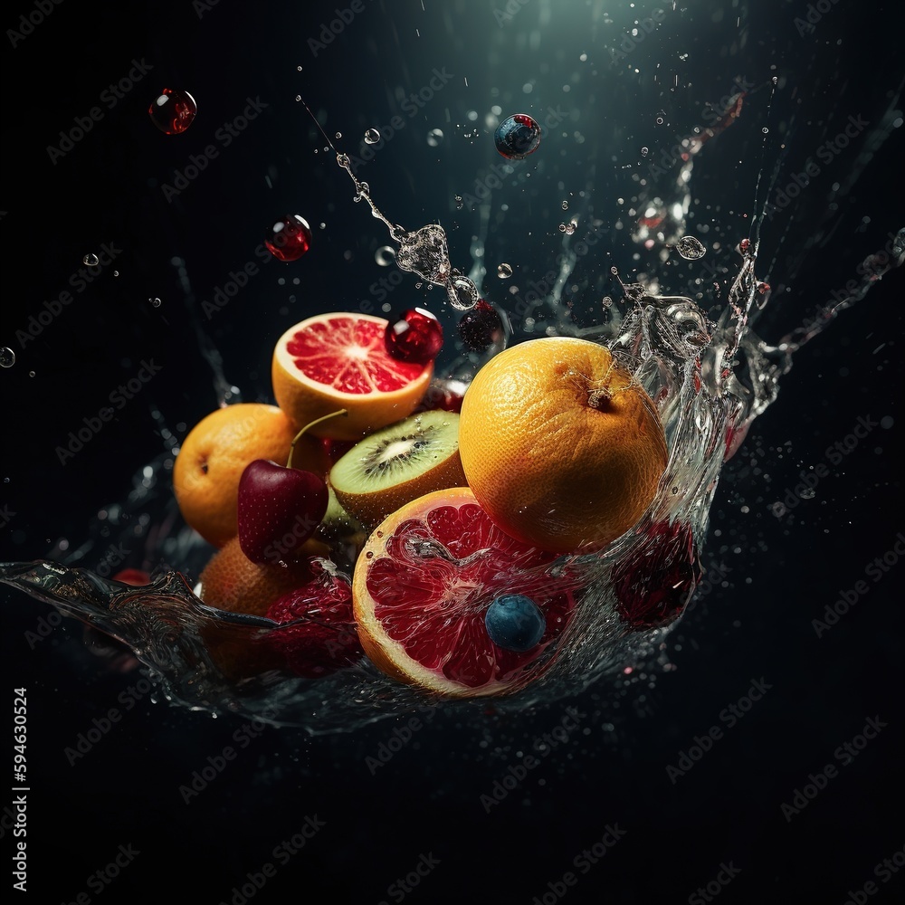 Fruits explosion with water splash black background. Kiwi, orange ...