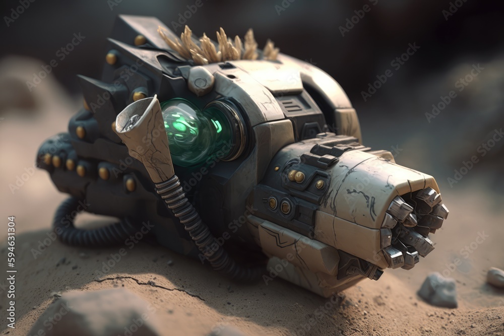 close-up of alien blaster pistol, with smoking muzzle and spent casings ...