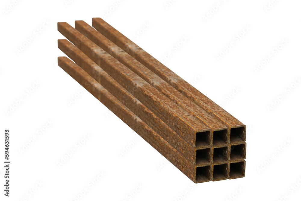 Stack of rusty steel square beams from metal stock isolated on ...