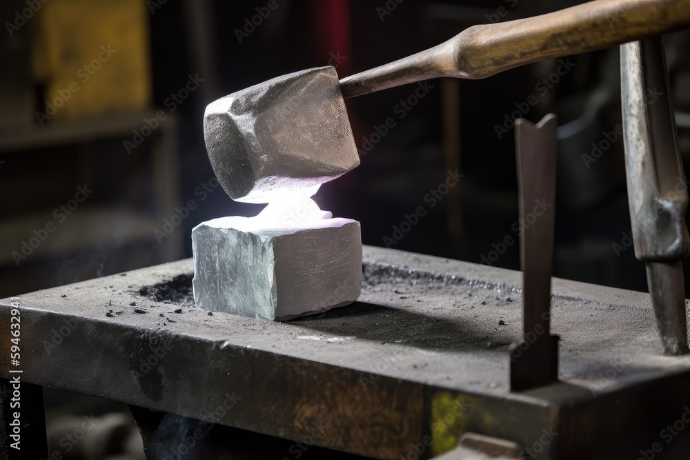 aluminium ingot being forged into shape with hammer and anvil, created ...