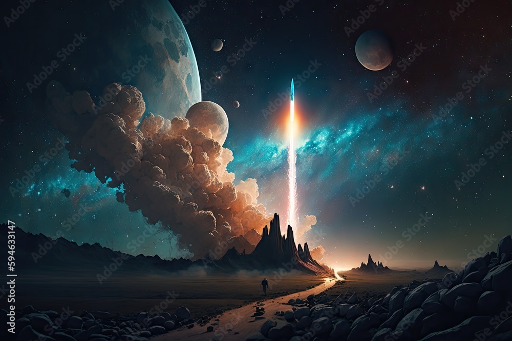 rocket launch with view of the stars and planets in the night sky ...