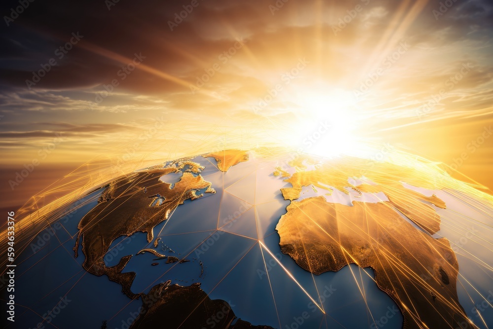 sun rising over the globe, with golden rays highlighting the map lines ...