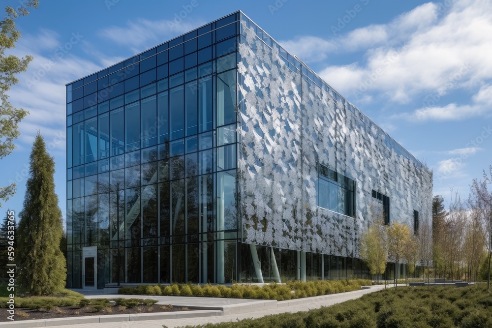 modern glass and metal building, with intricate details on the exterior ...