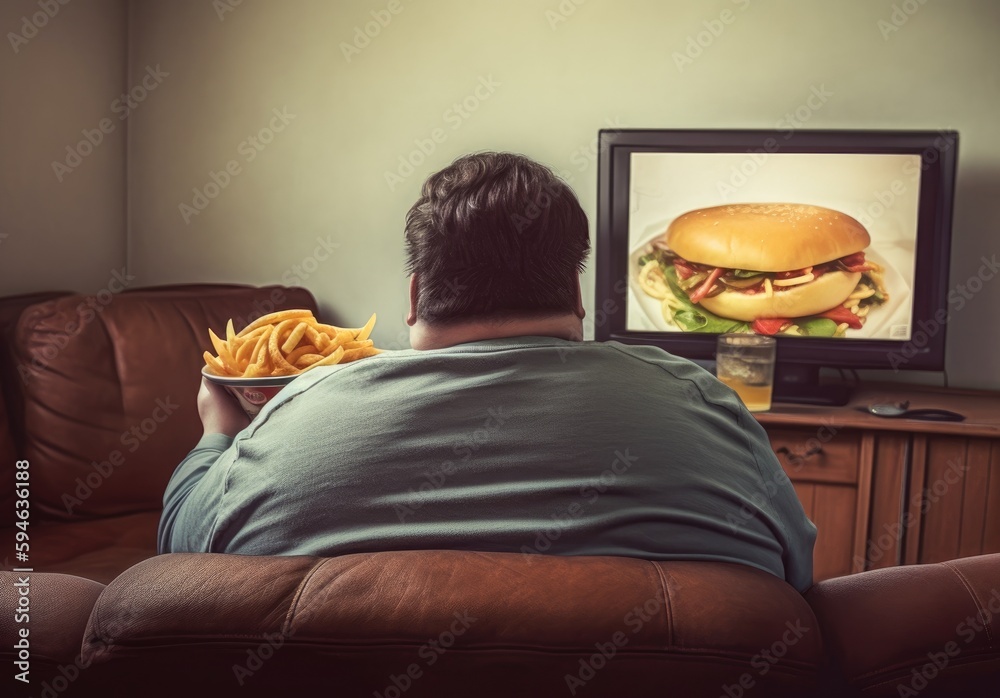 An obese man sitting on the couch eating fast food and watching ...