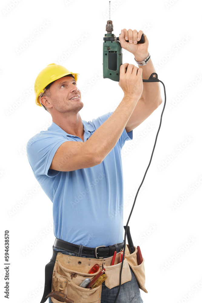 Construction, drill and PNG with an engineer man isolated on a ...