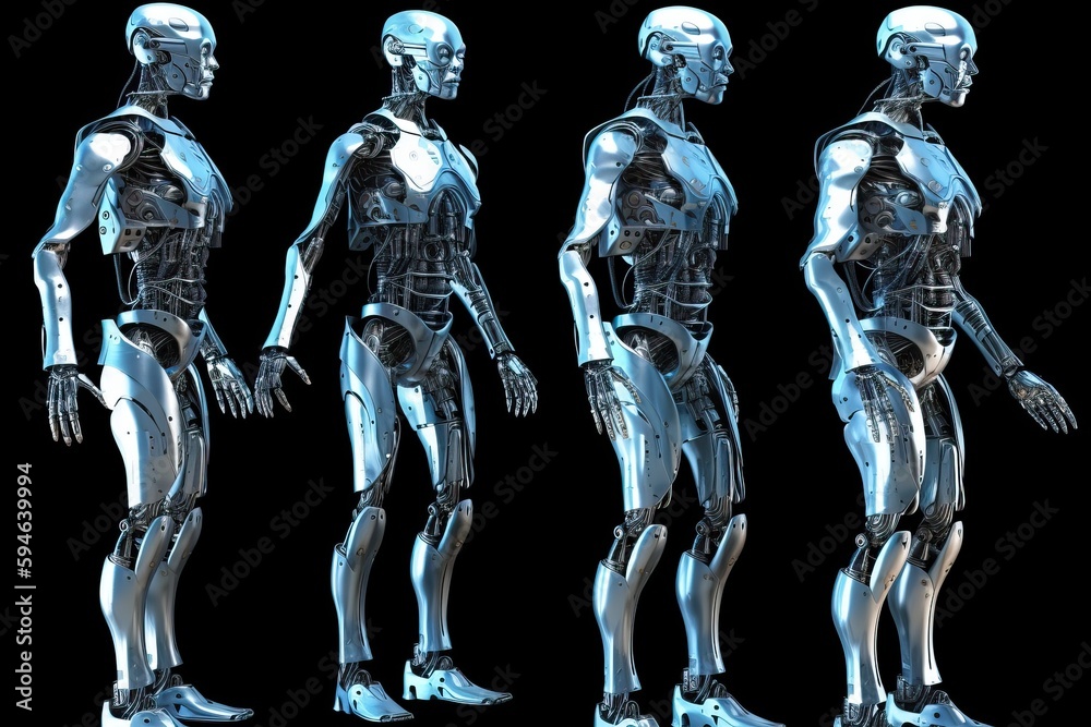 Robots with artificial intelligence in full growth in 3D on a black ...