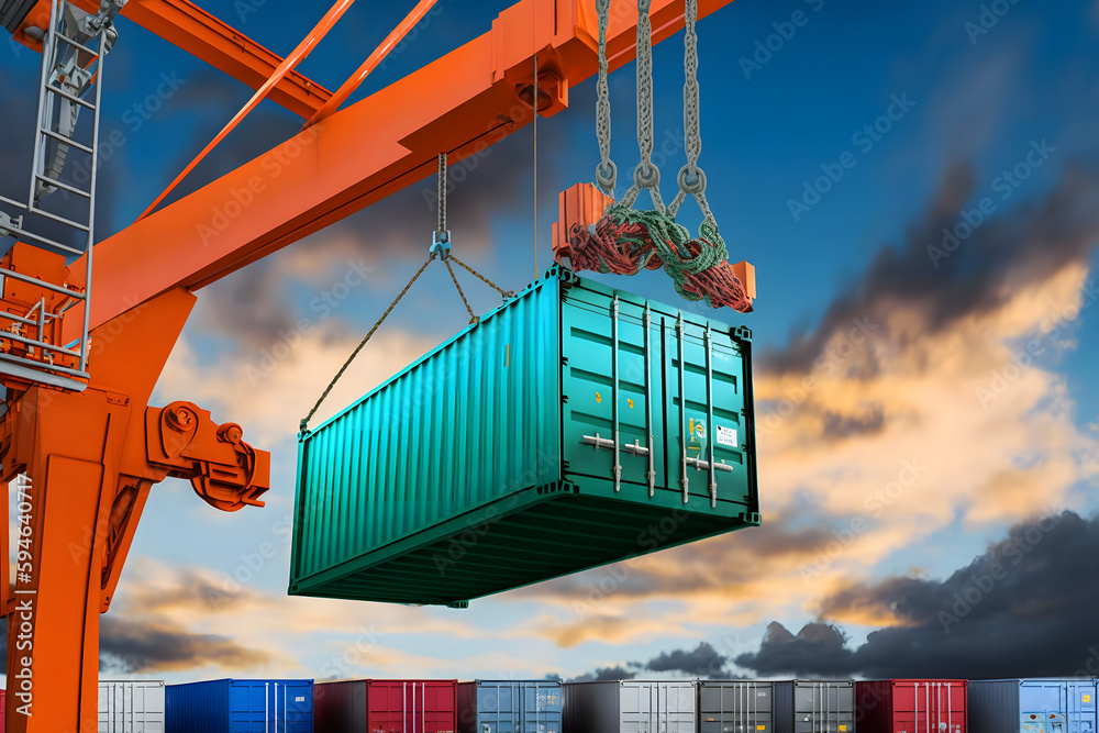 The container vessel during loading at an industrial port by port crane ...