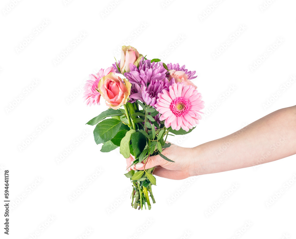 Flowers bouquet in hand in giving gesture isolated on transparent white ...