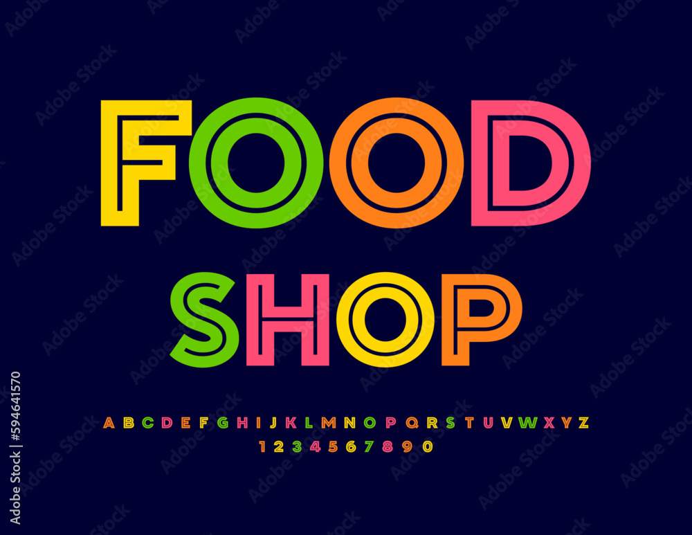 Vector colorful Signboard Food Shop. Modern bright Font. Artistic ...