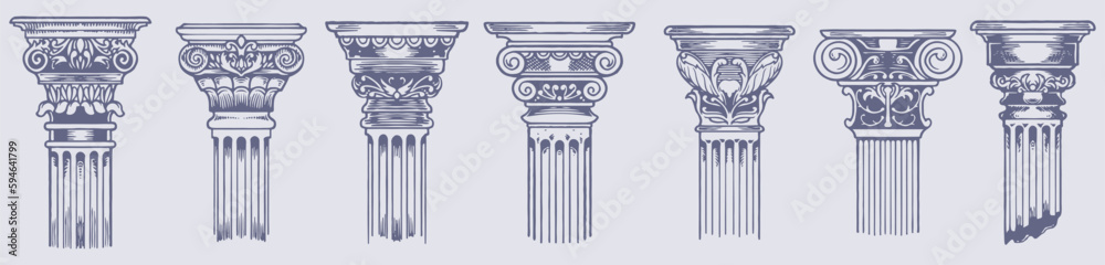 Ancient Greek Columns - Vintage Sketch Illustrations Set for Retro ...