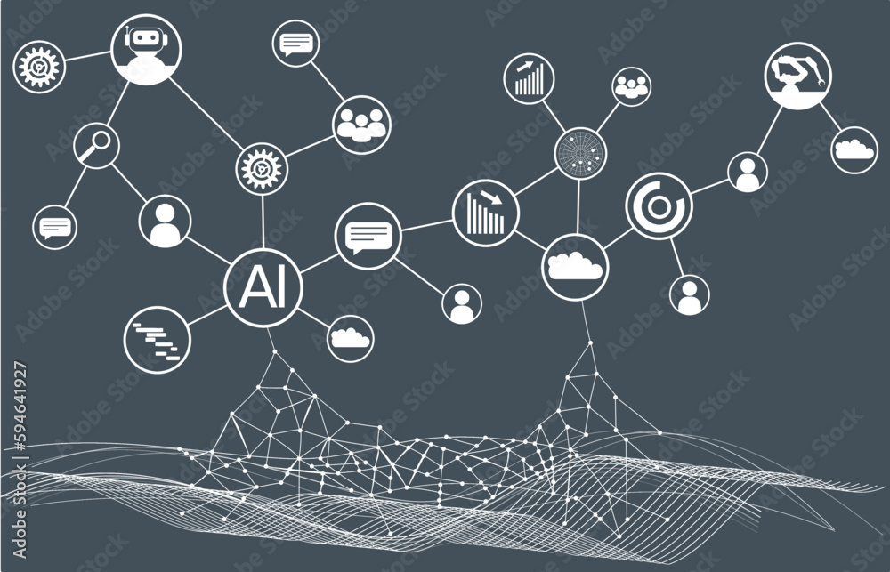 AI in der Gesellschaft und Industrie - Grafik mit vernetzten Symbolen ...