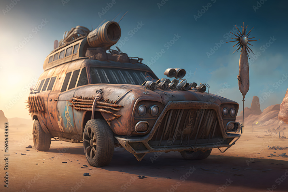 Future fantasy concept car with corrugated iron protection in a post ...