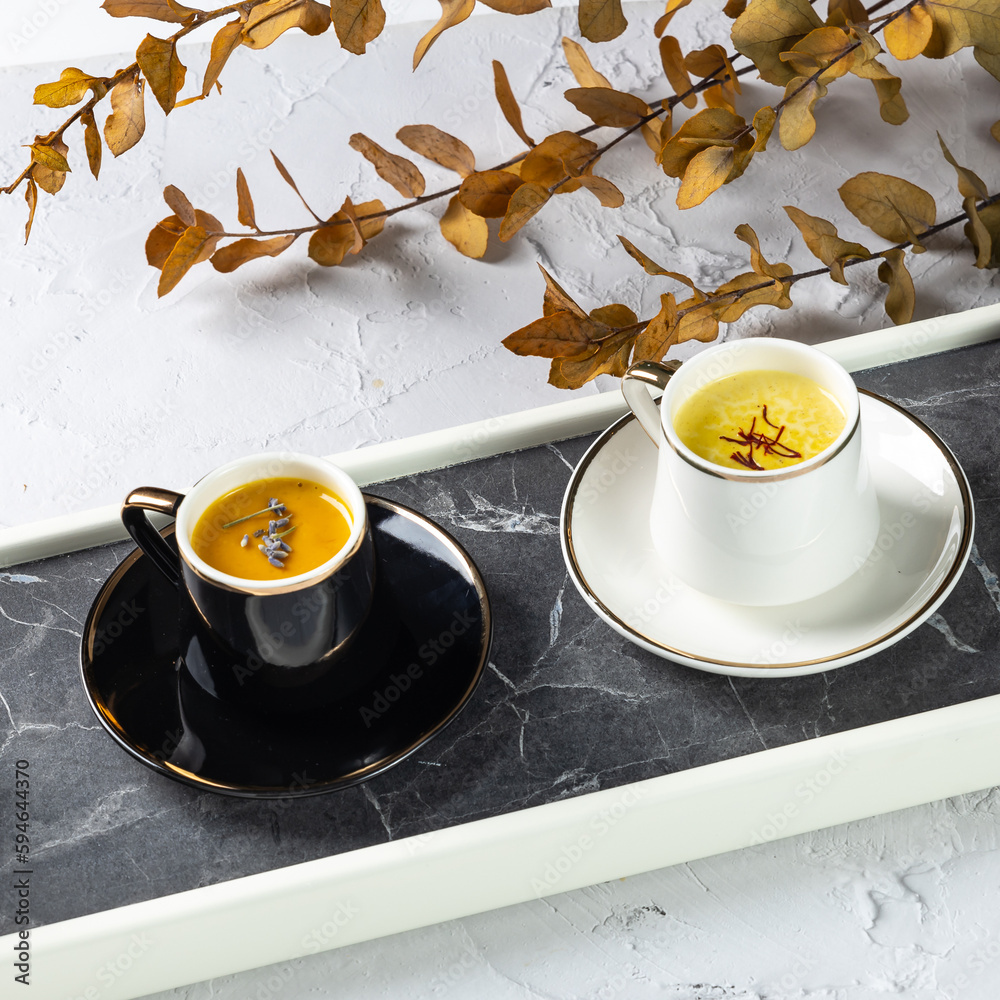 Saffron milk and Golden Mill -Haldi Milk servered in gorgeous white ...