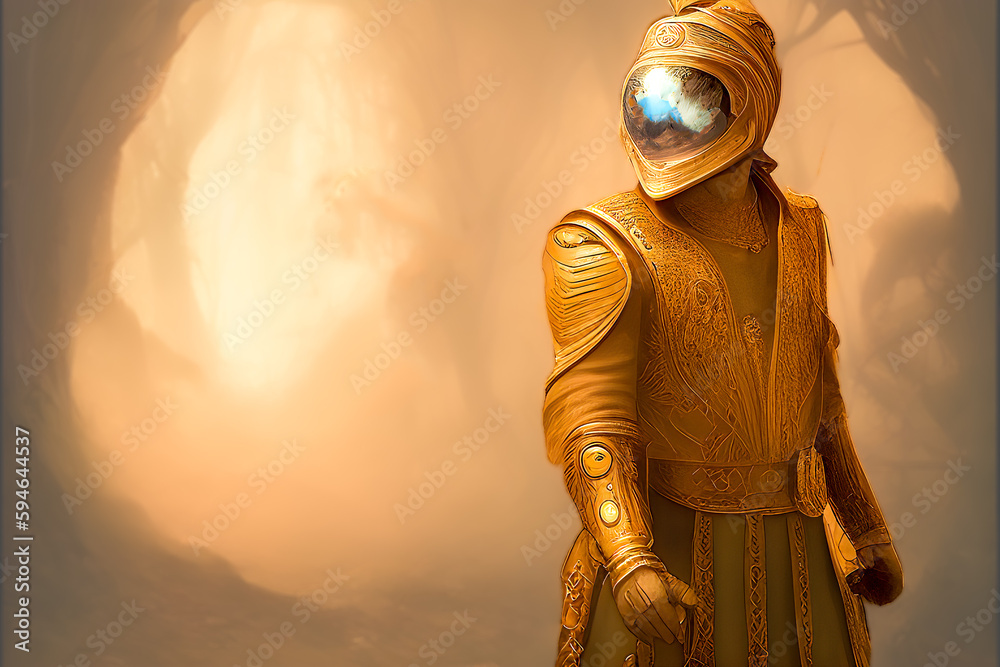 Ancient alien dressed in gold and helmet walks through. formations and ...