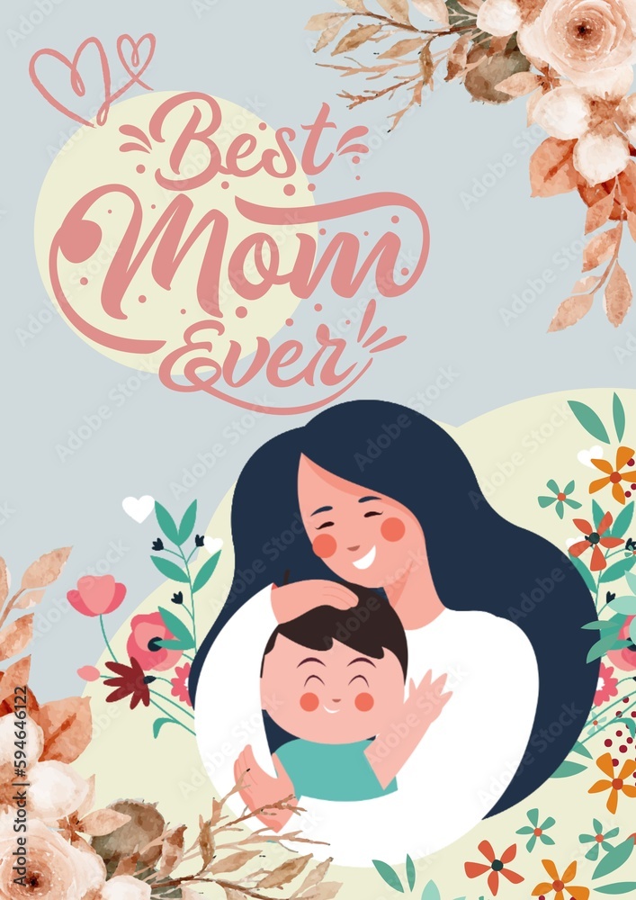 Best mom ever. Vector illustration of mom with a baby in her arms, a ...