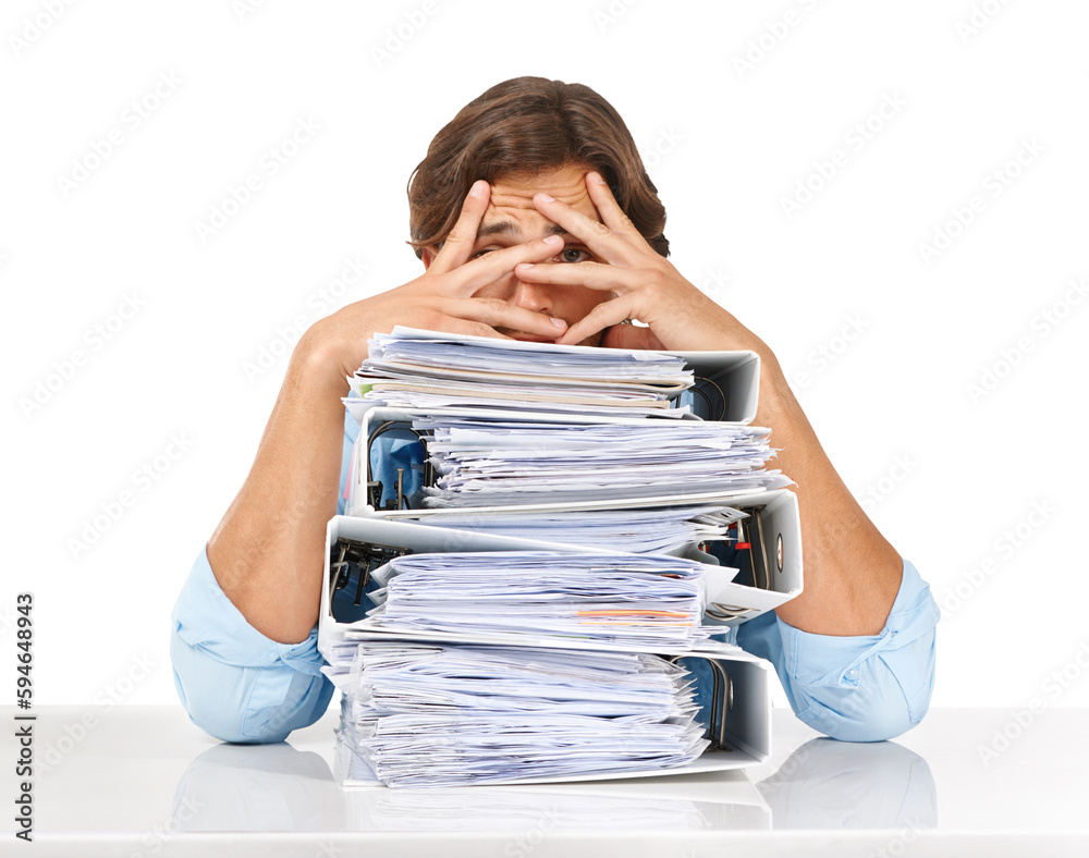 Accounting, portrait and man with stack of folders isolated on ...