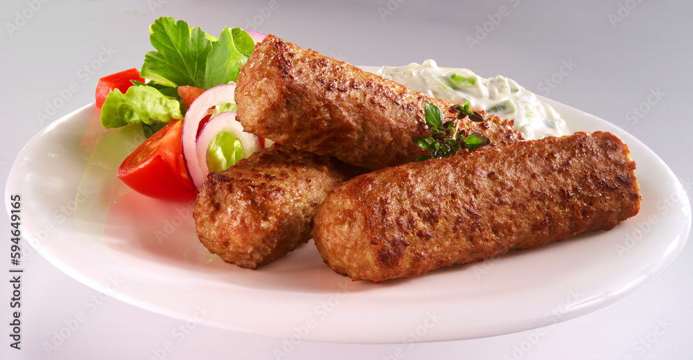 Cevapcici mit Gemuesebeilage und Dip auf weissem Porzellanteller Stock ...